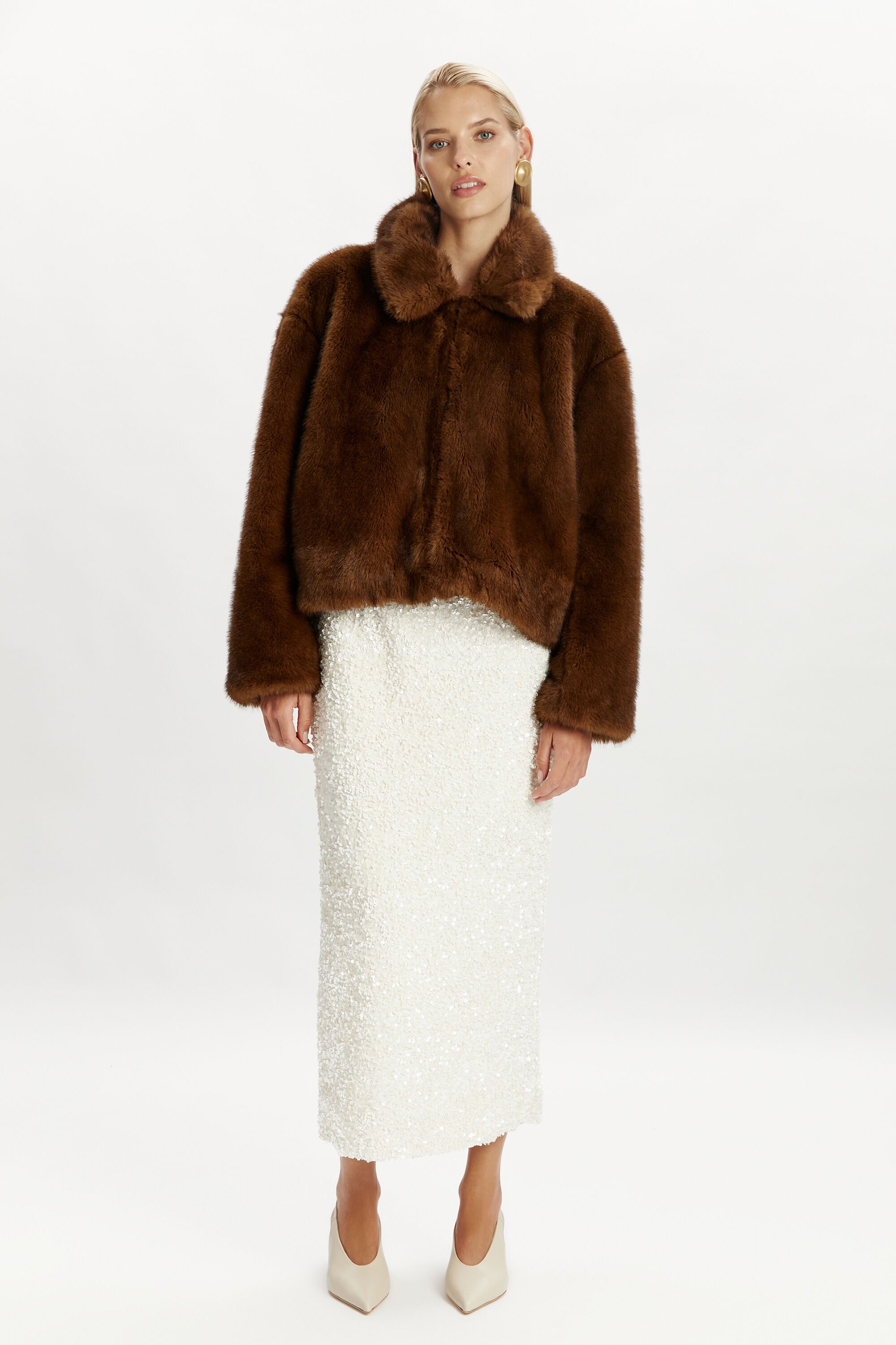 Sylvie Zip Faux Fur Jacket In Chocolate | Bardot