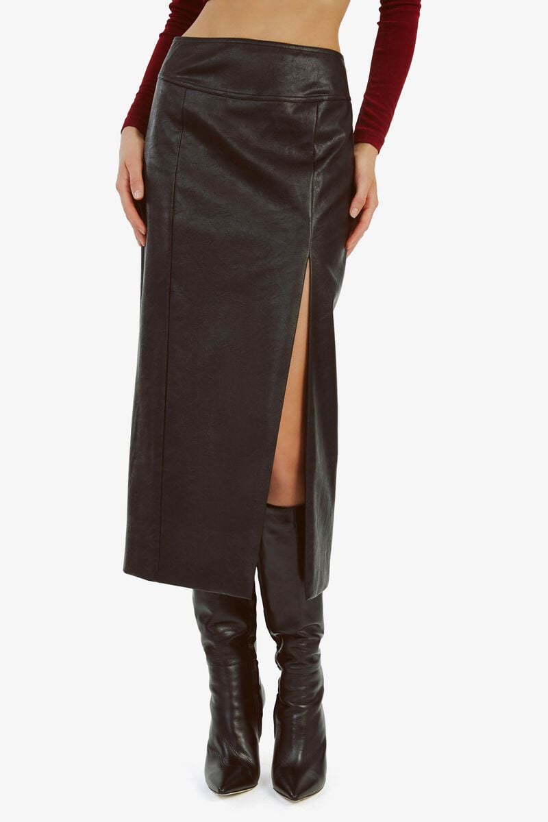 Dante Vegan Leather Midi Skirt In Black | Bardot