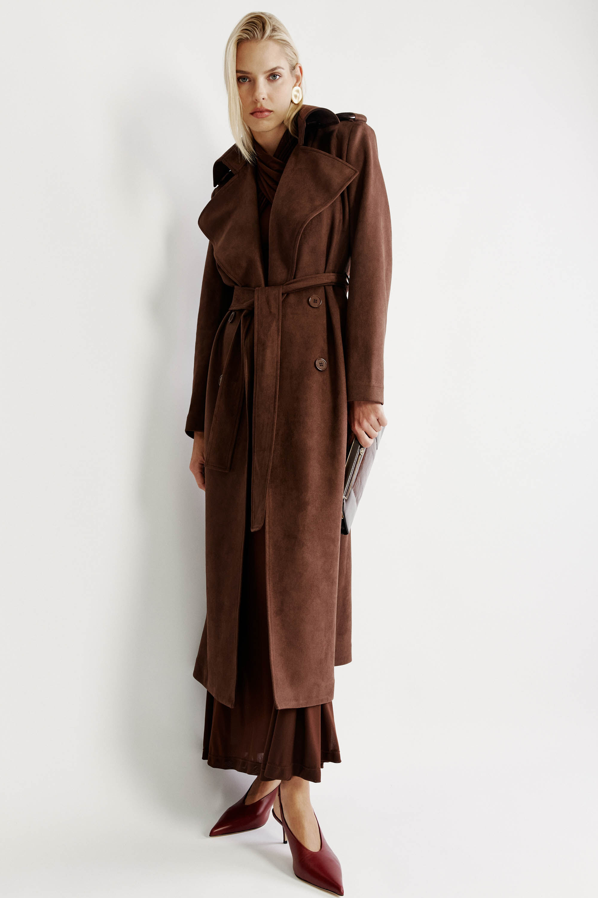 Kira Vegan Suede Trench Coat In Chocolate | Bardot