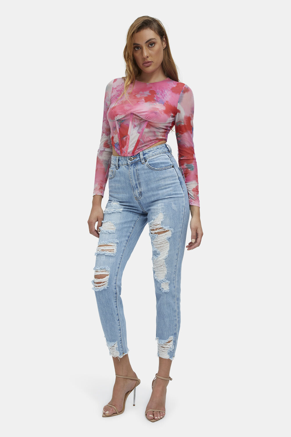 Lena Mesh Corset Top in Wildflower | Bardot